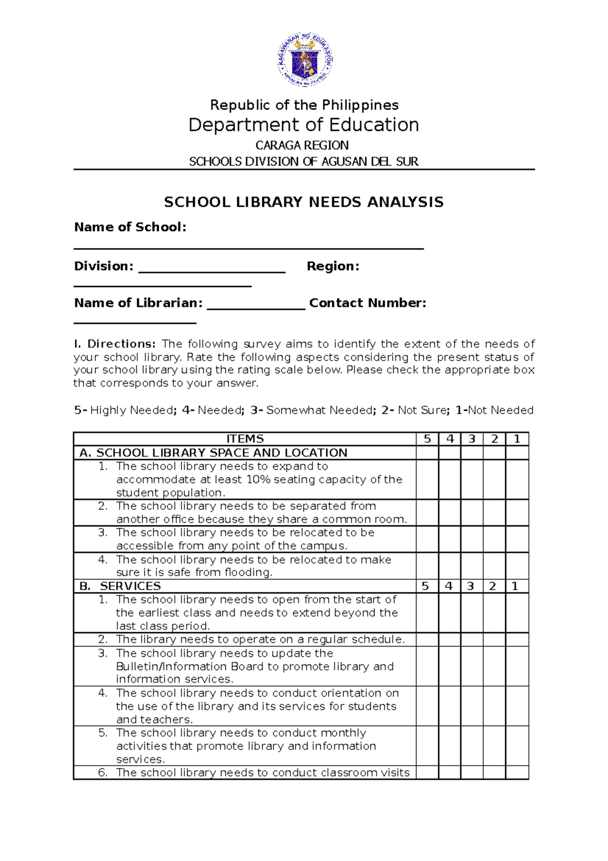 School Library Needs Analysis - Republic of the Philippines Department ...