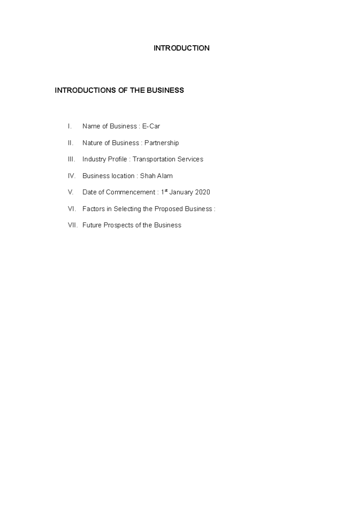 ENT300 - Assignments. - INTRODUCTION INTRODUCTIONS OF THE BUSINESS I ...