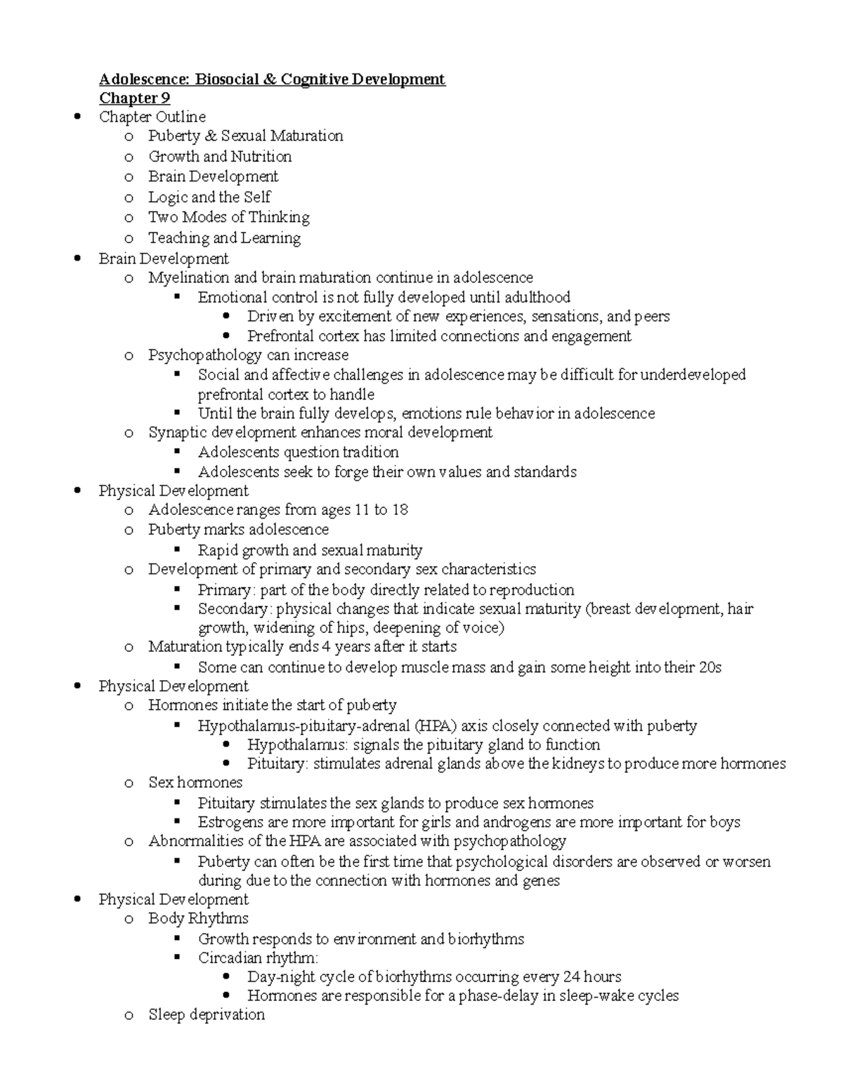 Exam 2 developmental - Notes for final exam - Adolescence: Biosocial ...