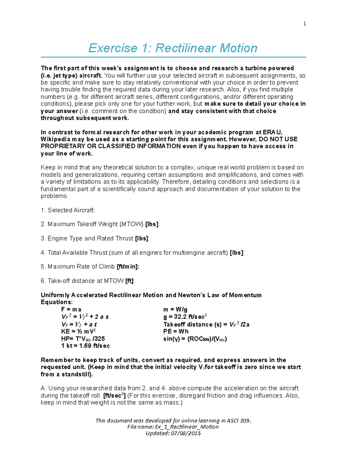 Ex 1 Rectilinear Motion Questions (Revised 08Jul15) V2 - 1 Exercise 1 ...