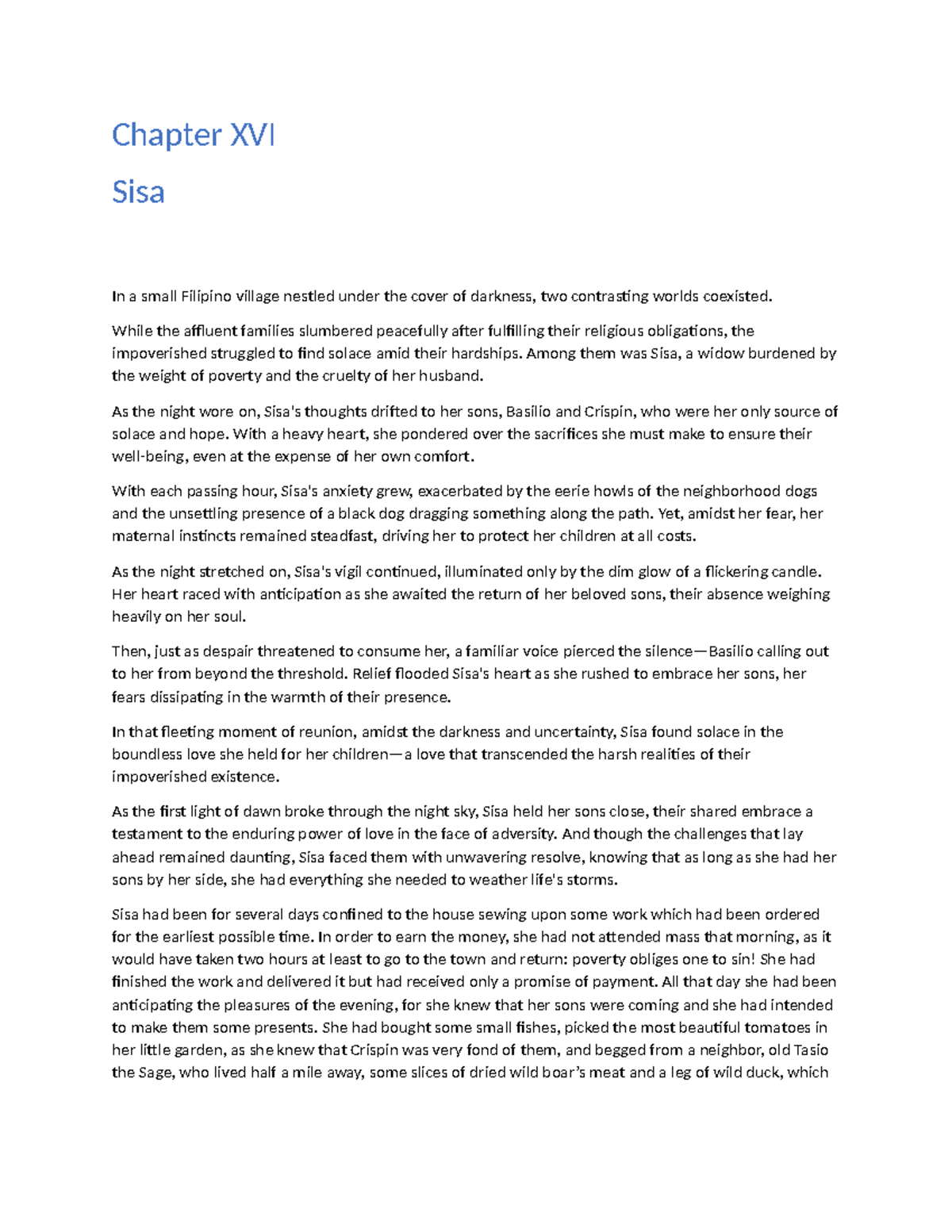 Sisaaa - Summary The Life and Works of Jose Rizal - Chapter XVI Sisa In ...