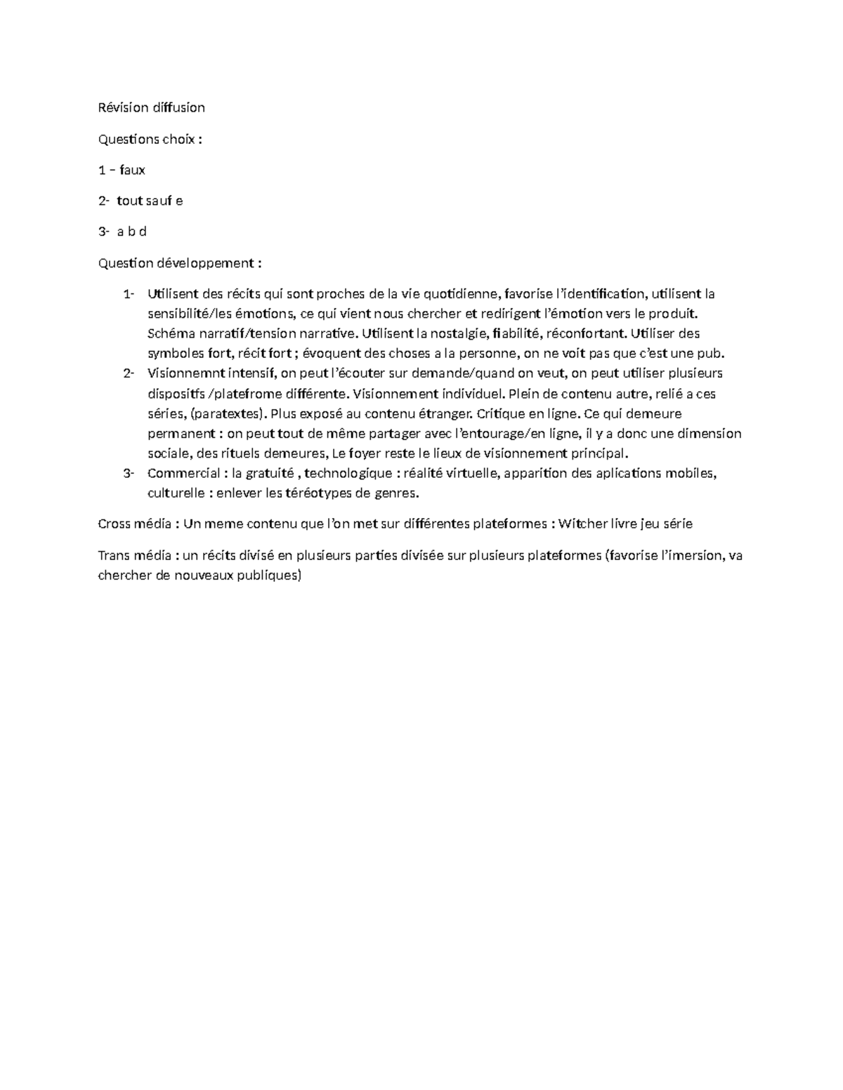 Révision diffusion - Révision diffusion Questions choix : 1 – faux 2 ...