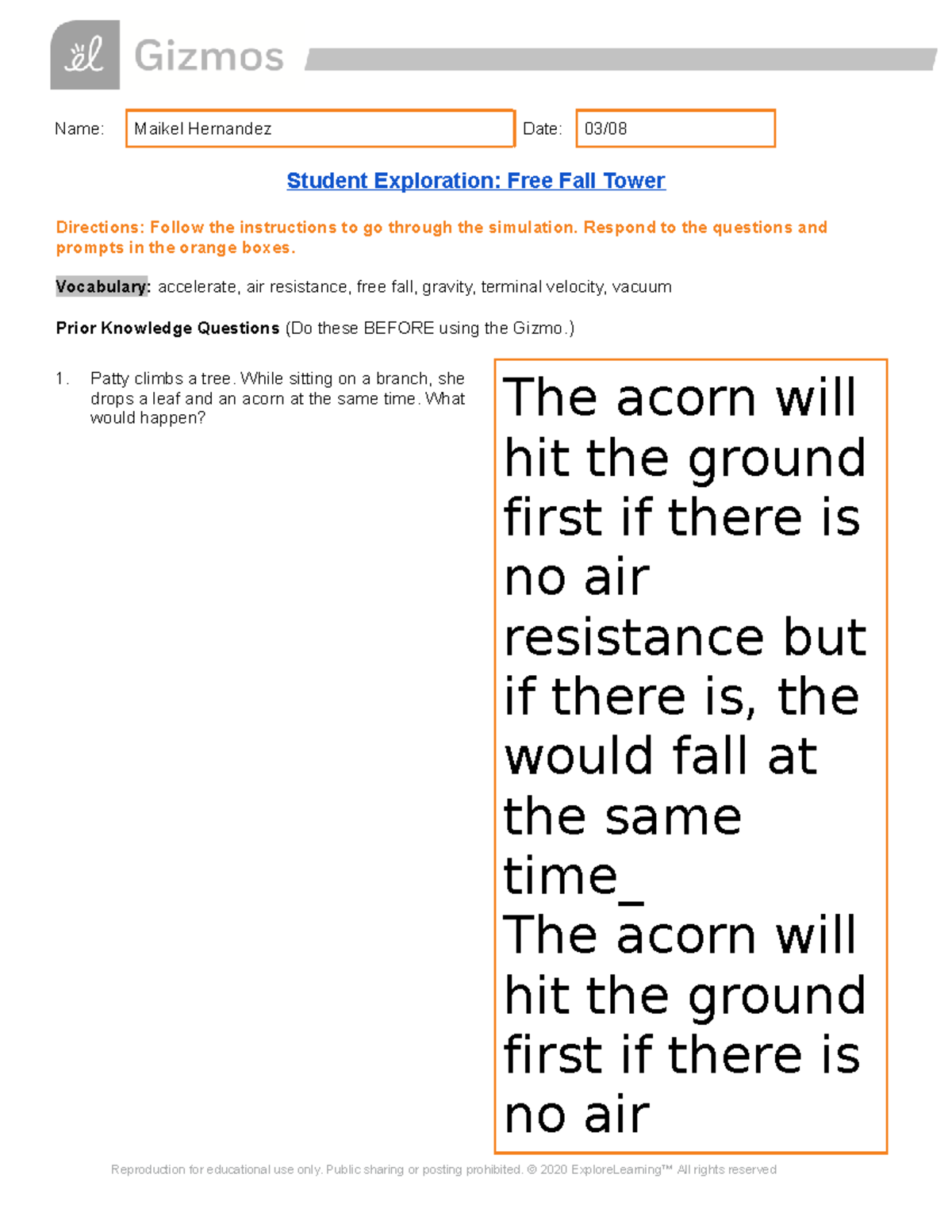 Free Fall Tower Gizmo - Name: Maikel Hernandez Date: 03/ Student ...