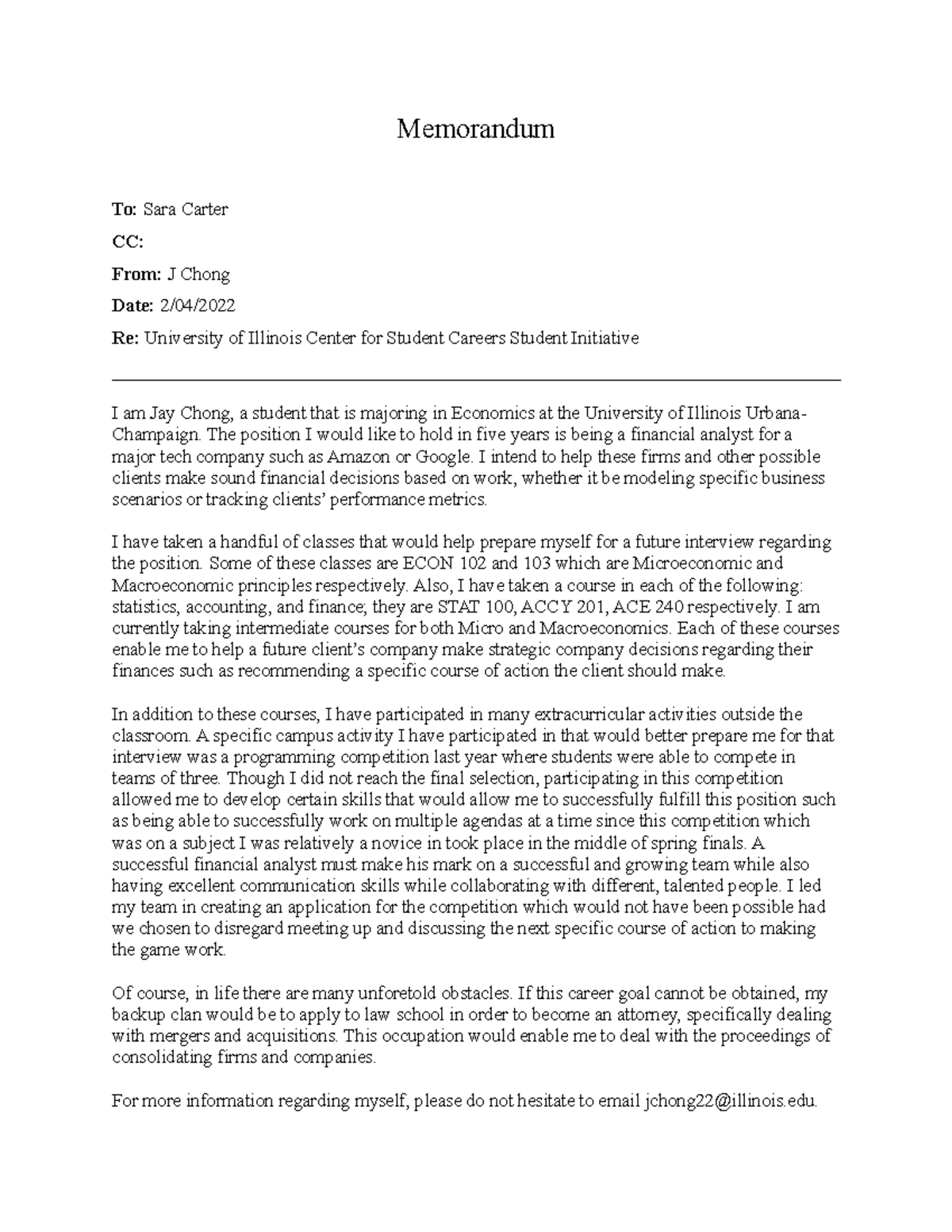 Example 5010 J Chong - Memorandum To: Sara Carter CC: From: J Chong ...