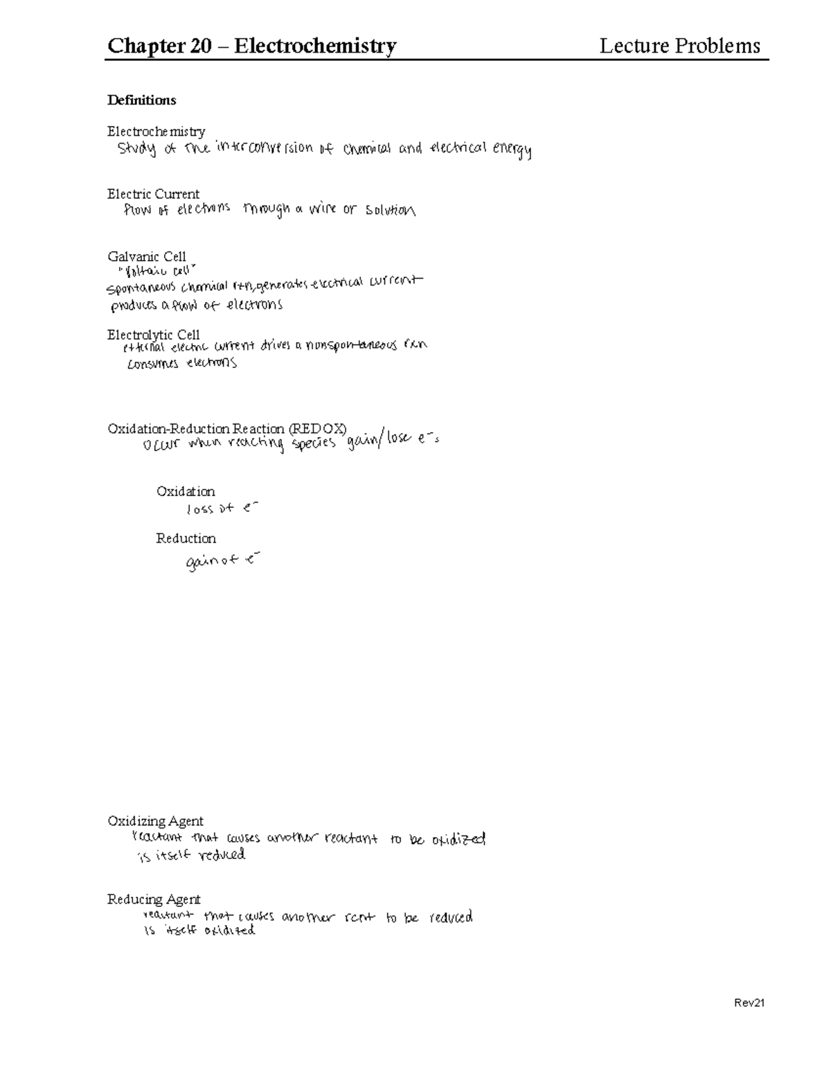 Chapter 20 Notes - Chapter 20 3 Electrochemistry Lecture Problems ...