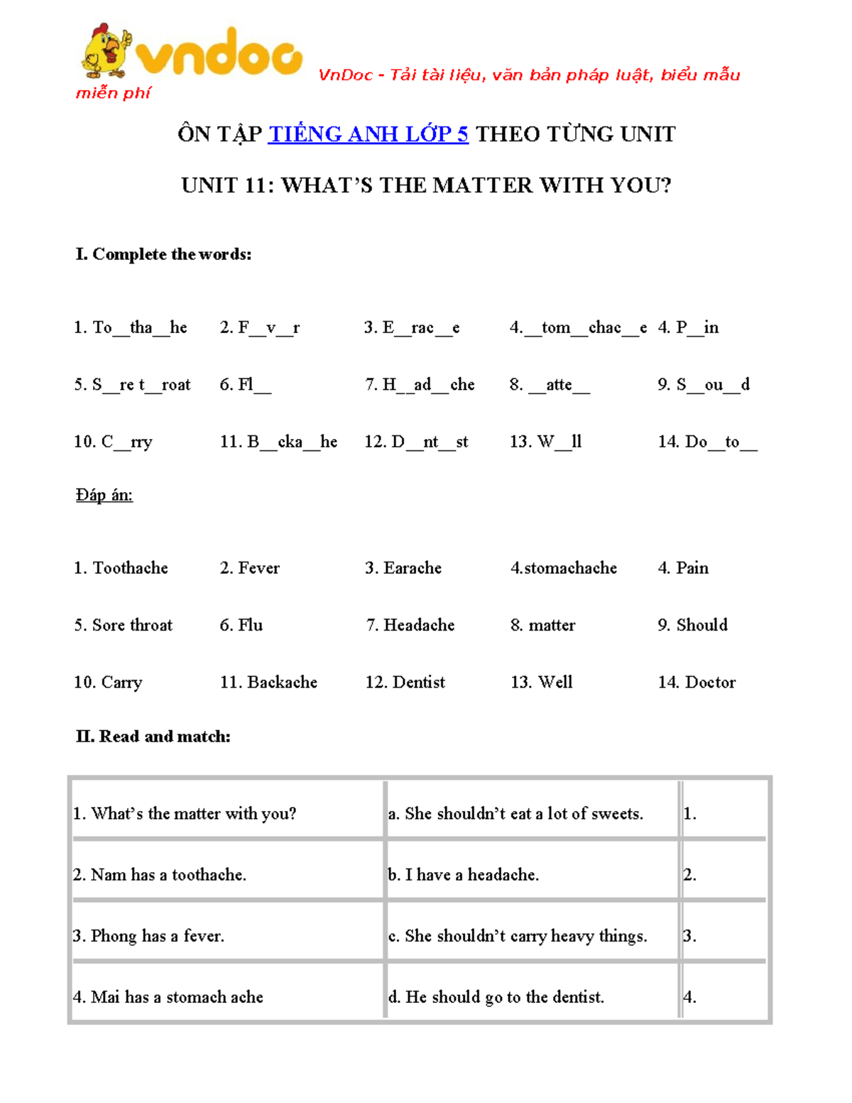 Bai tap tieng anh lop 5 unit 11 what s the matter with you so 5 - miễn phí ÔN TẬP TIẾNG ANH LỚP ...