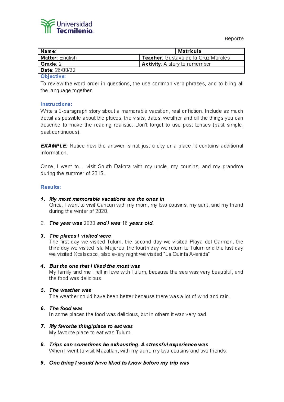 Act2 - Actividad 2 de la Materia de Inglés nivel básico - Reporte Name : Matrícula : Matter ...