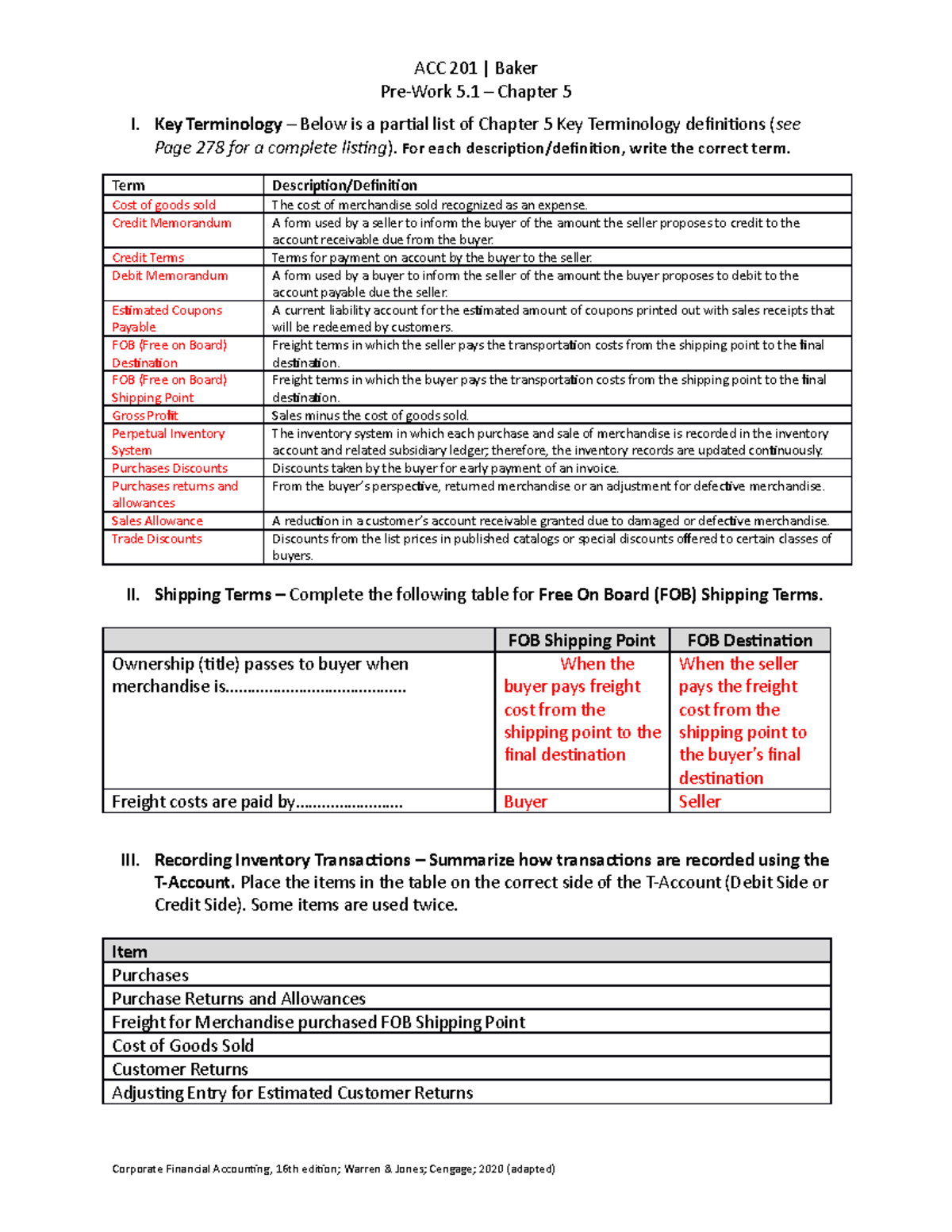 Pre Work 5.1 ACC 201 - Prework assignment - ACC 201 | Baker Pre-Work 5 ...