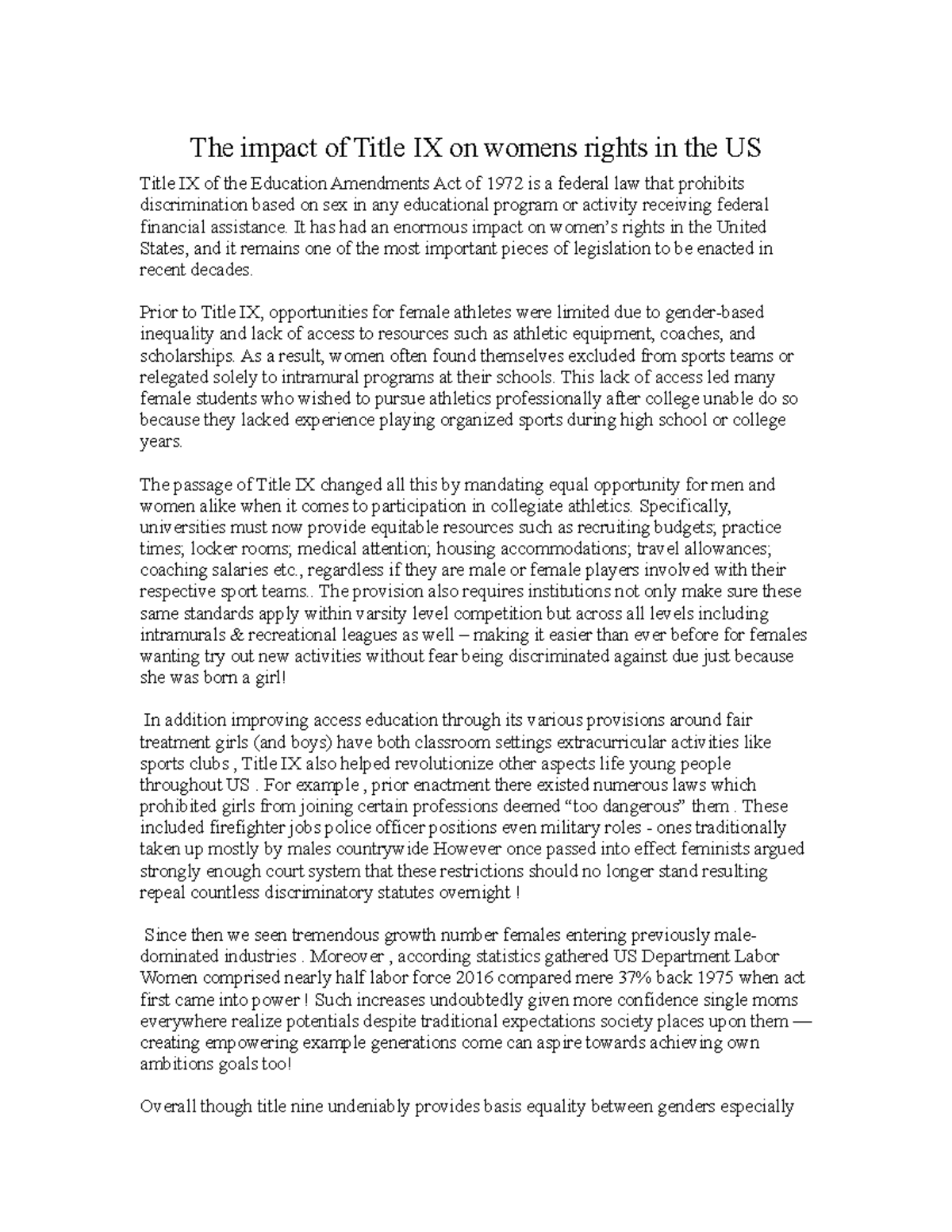 The impact of Title IX on womens rights in the US - It has had an ...