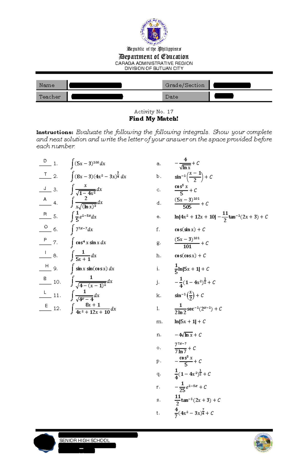 Basic Calculus - Activity - Republic of the Philippines Department of ...