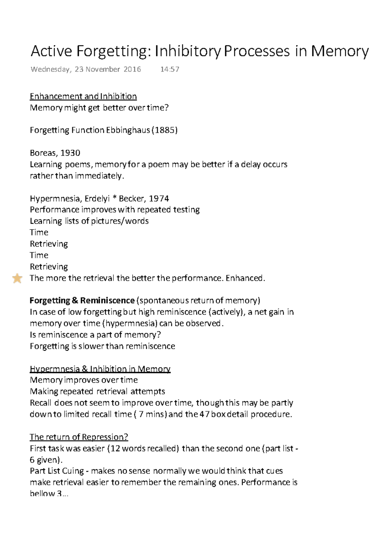 Active Forgetting Inhibitory Processes in Memory - Hypermnesia, Erdelyi ...