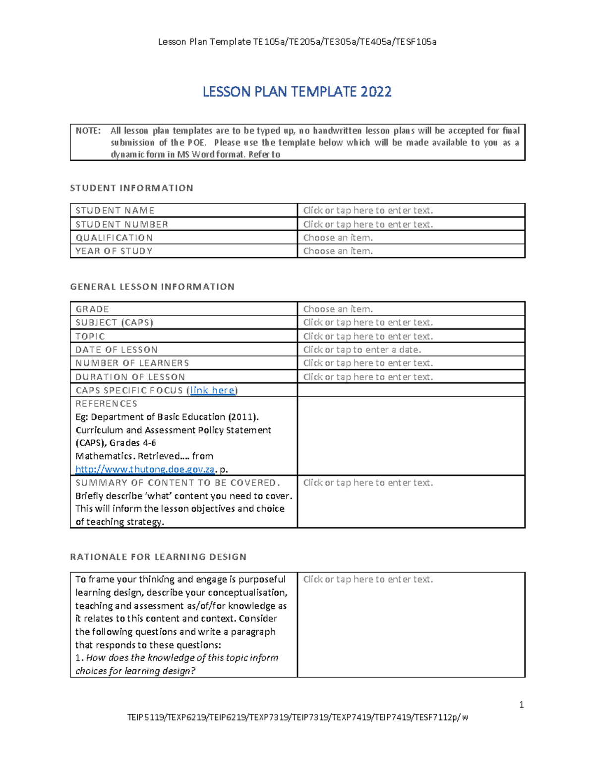 TEXP7319 TE305a Lesson Plan template - 1 LESSON PLAN TEMPLATE 2022 NOTE ...