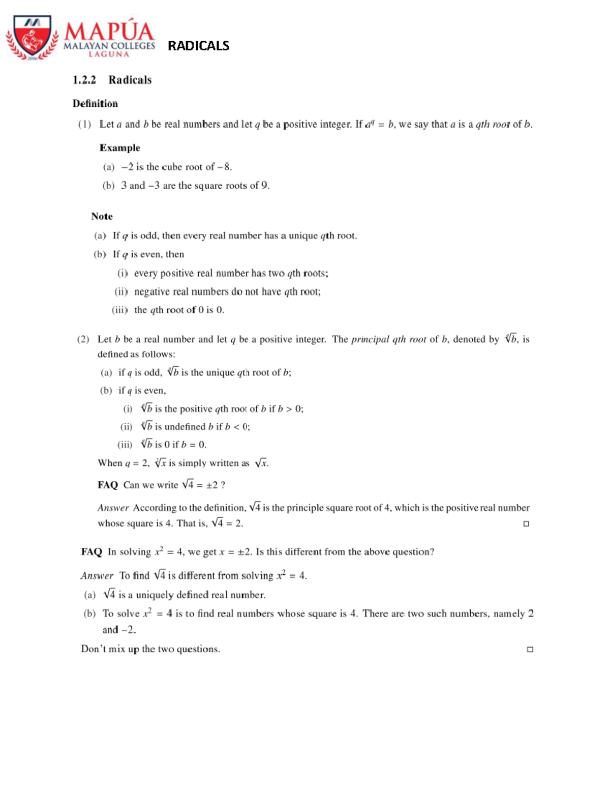 MATH051- Radicals - Engineering Calculus 1 - RADICALS RADICALS - Studocu