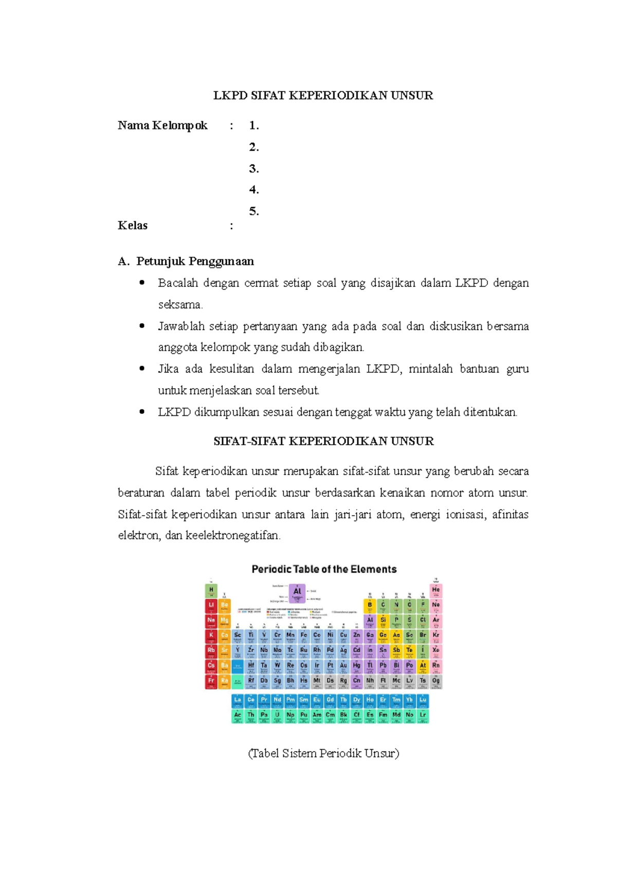 LKPD sifat keperiodikan unsur - LKPD SIFAT KEPERIODIKAN UNSUR Nama ...