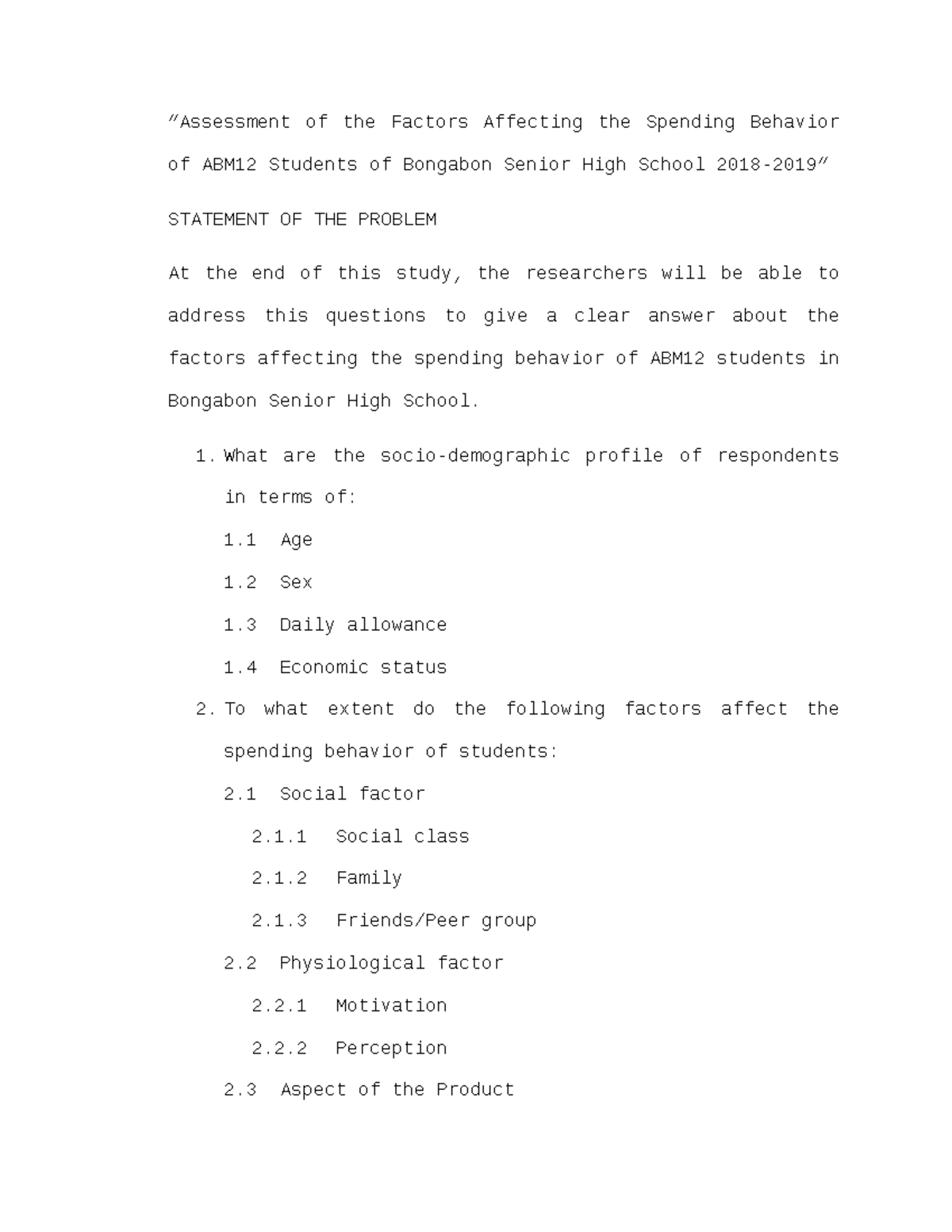 Statement of the problem of research paper - “Assessment of the Factors ...