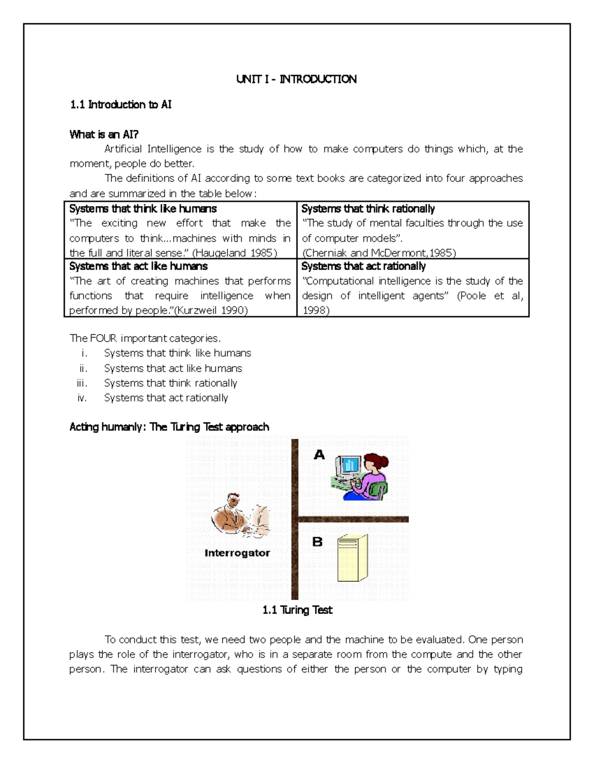 AI UNIT-I - Lecture notes unit i ai - UN IT I - IN TRODUCT IO N 1 In ...