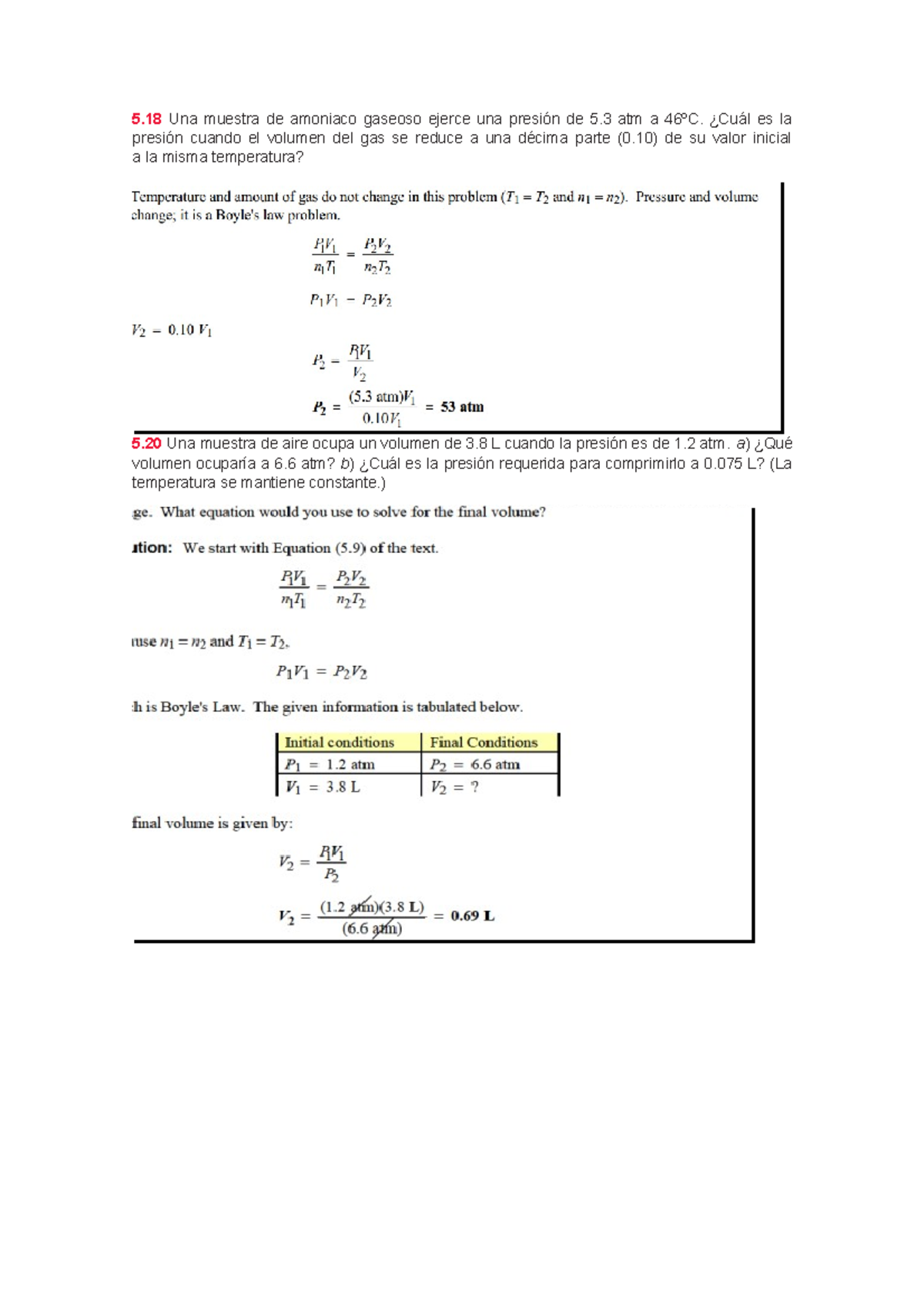 Pdfcoffee - ejercicios - 5 Una muestra de amoniaco gaseoso ejerce una presión de 5 atm a 46ºC ...