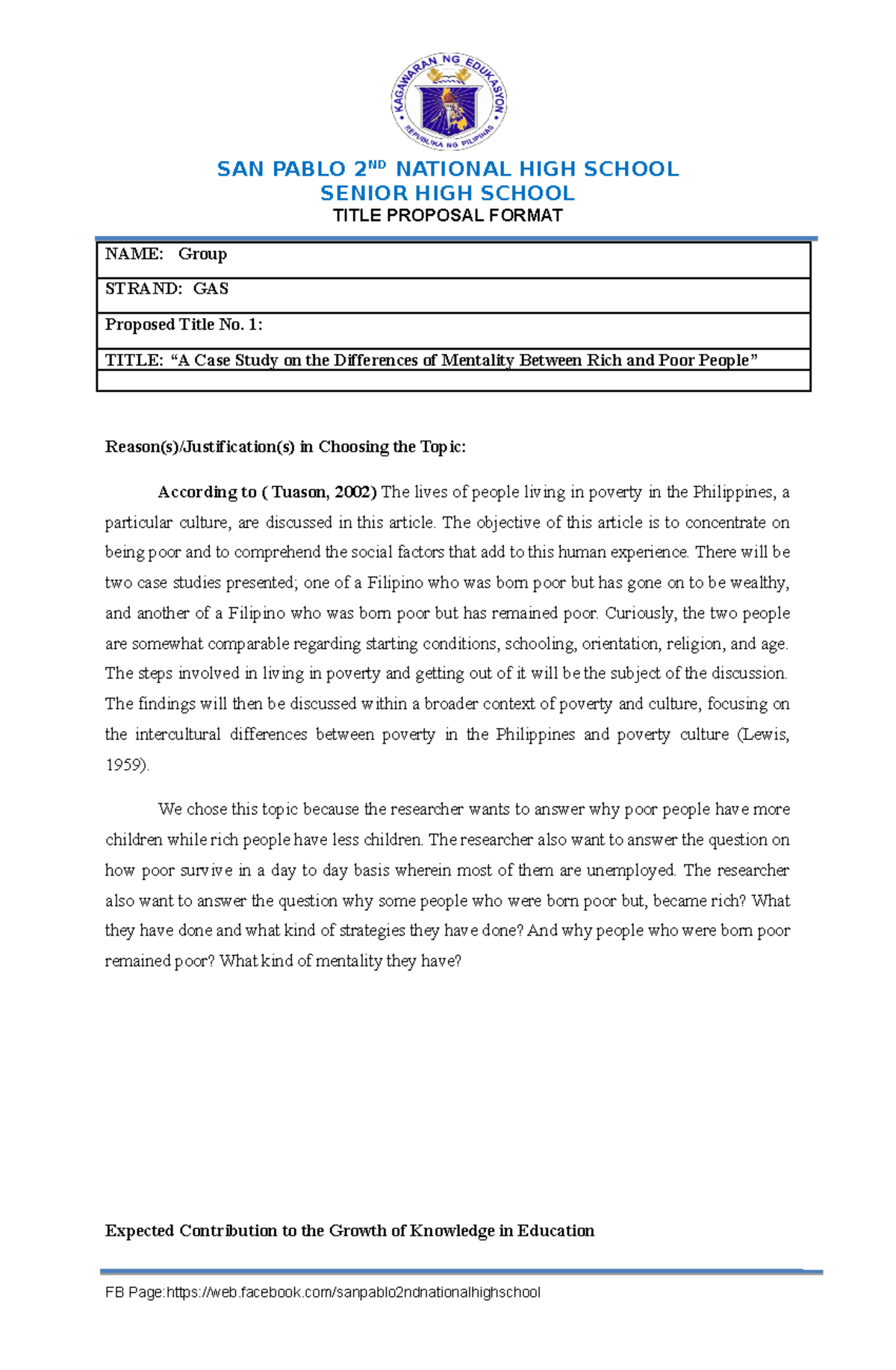 Title- Defense- Proposal - SENIOR HIGH SCHOOL TITLE PROPOSAL FORMAT ...