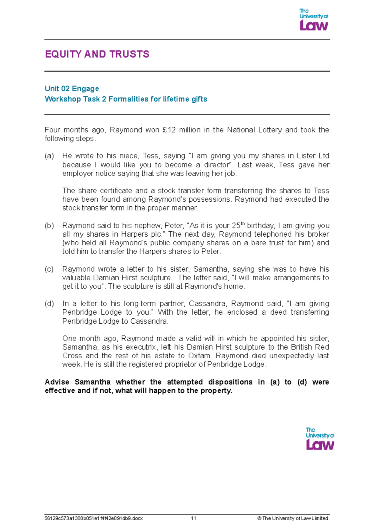 Equity and trust workshop 2 task 2 - EQUITY AND TRUSTS Unit 02 Engage ...