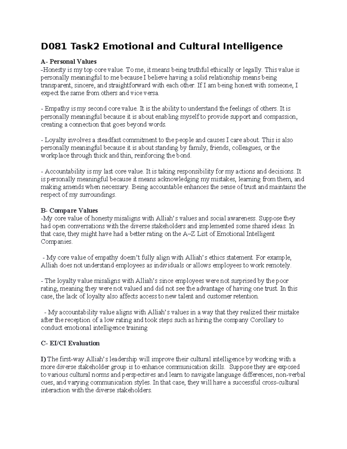 D082 Task 2 - D081 Task2 Emotional and Cultural Intelligence passed ...
