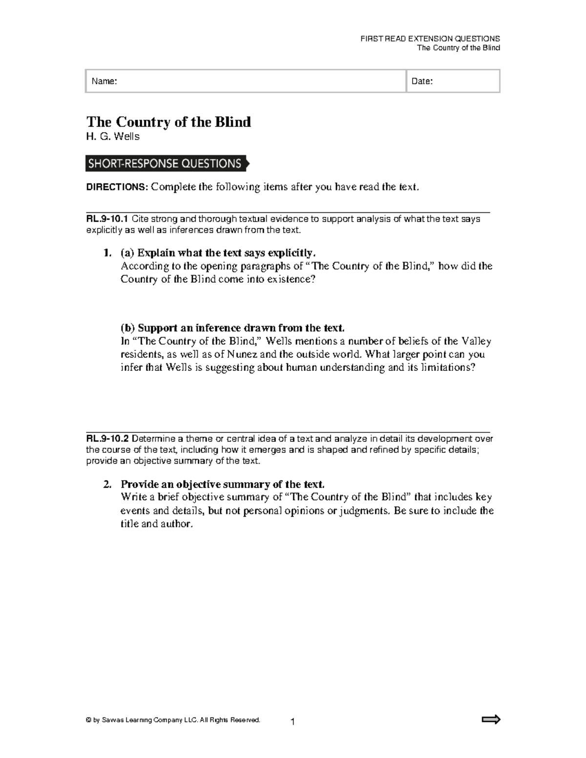 The Country of the Blind First Read Extension Questions (PDF) - FIRST ...