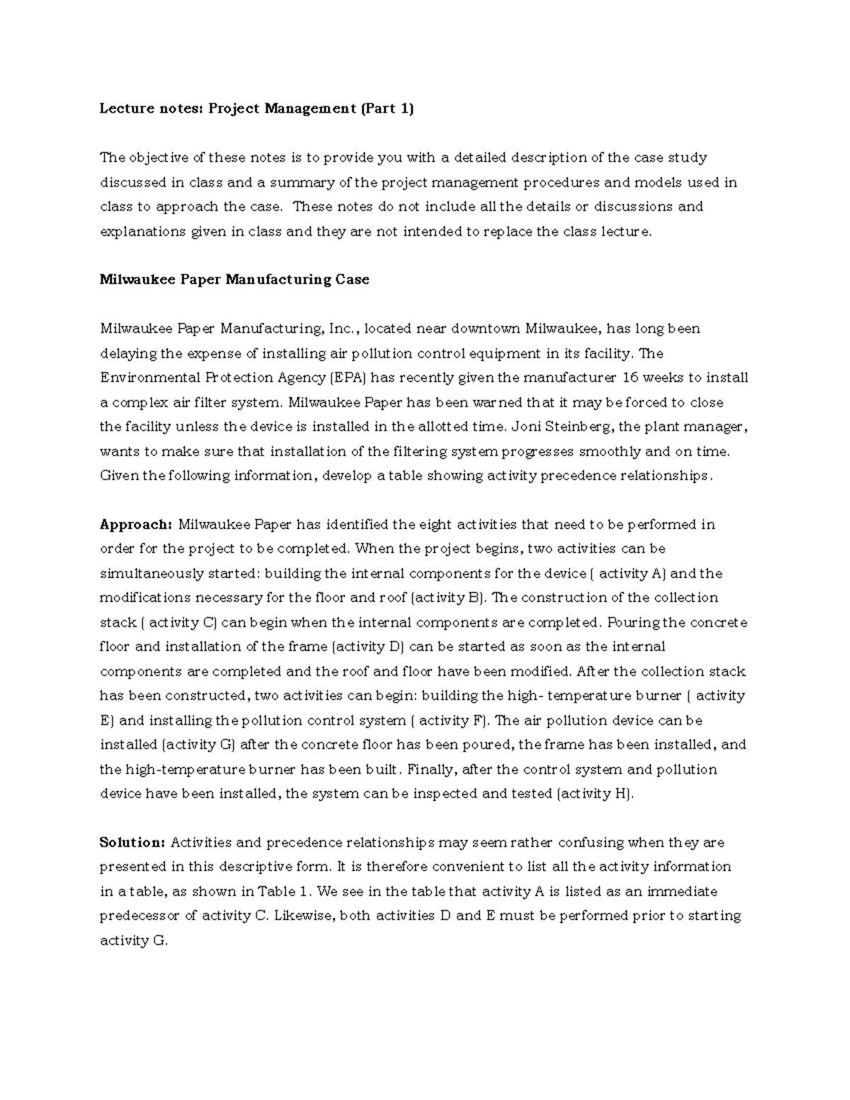 Lecture Notes Project Management Part 1 Lecture Notes Project Management Part 1 The