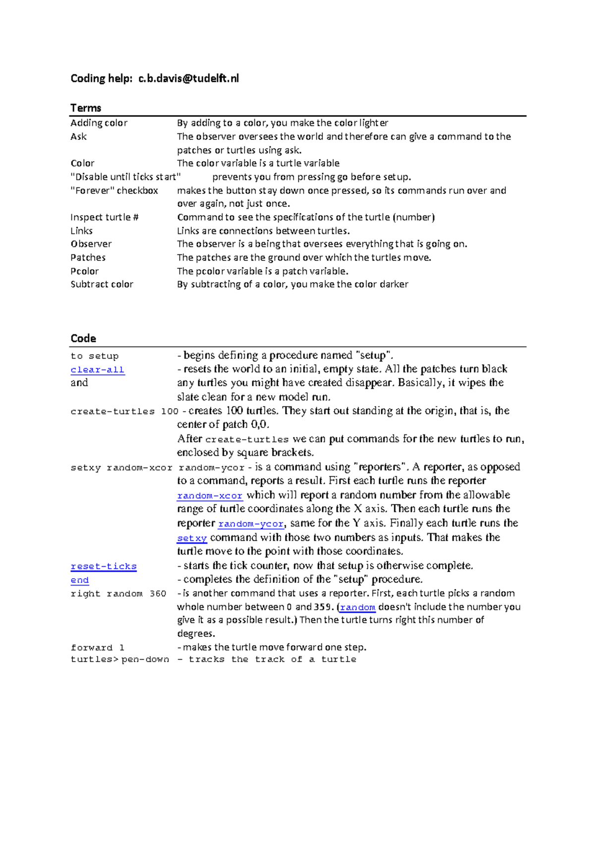 NetLogo notes - Coding help: c@tudelft Terms Adding color By adding to ...