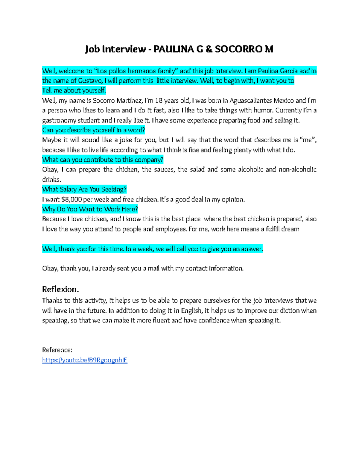 Job interview - An example - Job Interview - PAULINA G & SOCORRO M Well ...