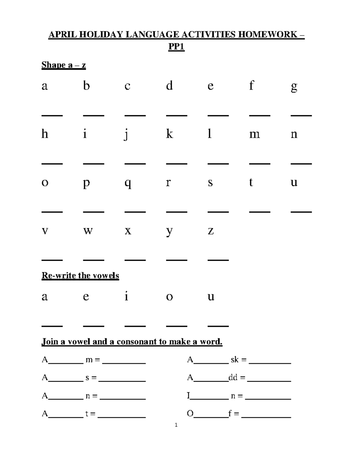 PP1 Holiday Assignment Teacher - APRIL HOLIDAY LANGUAGE ACTIVITIES ...