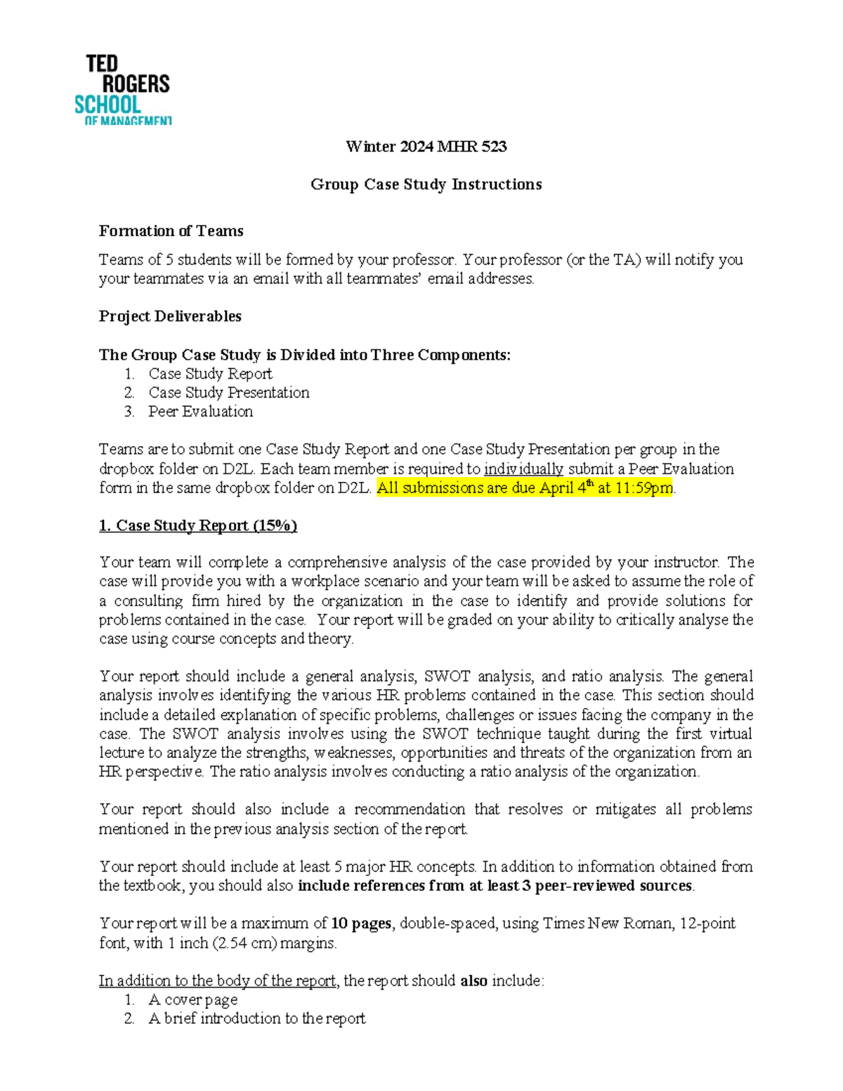 W24 MHR523 Case Study Instructions - Winter 2024 MHR 523 Group Case ...