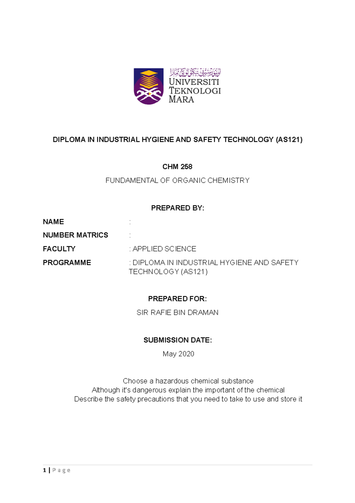 CHM 258 - ASSIGNMENT ARTIKEL - DIPLOMA IN INDUSTRIAL HYGIENE AND SAFETY TECHNOLOGY (AS121) CHM ...