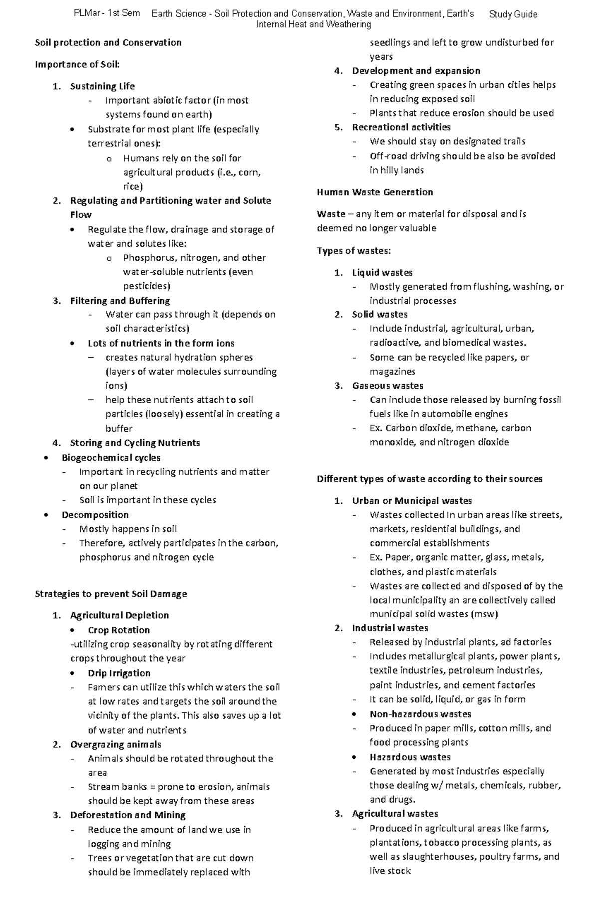 Plmar Earth Science 1st Sem 2nd Quarter Study Guide 2 - Soil protection ...
