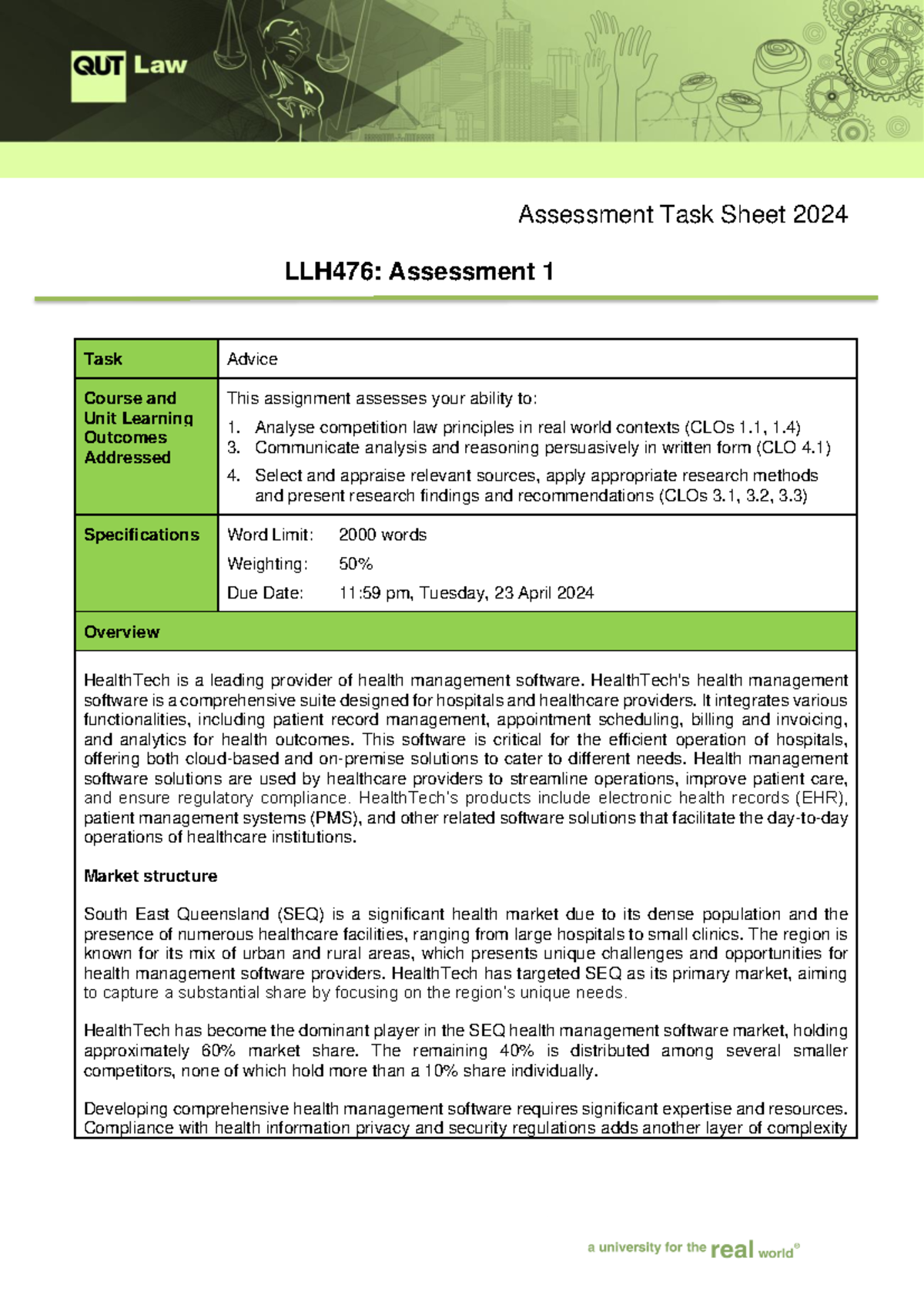 Task Instructions and CRA (LLH476) - Assessment Task Sheet 2024 LLH476 ...