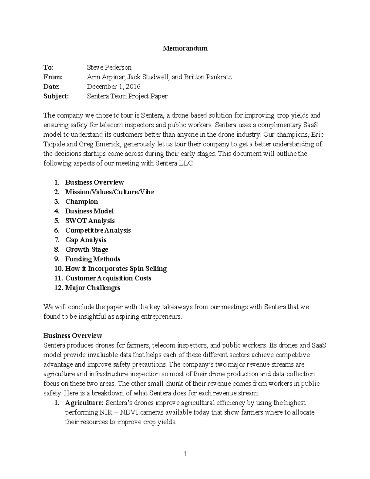 MGMT4008 - Sentera Project Paper - Memorandum To: From: Date: Subject ...