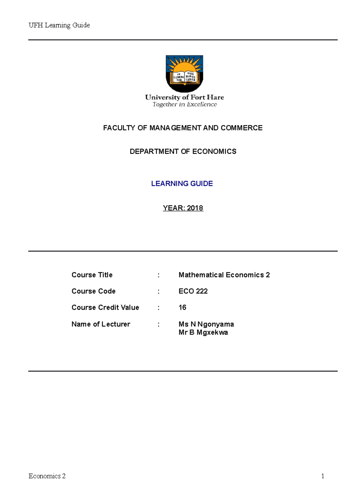 Course Outline Maths ECO (2018 ) - FACULTY OF MANAGEMENT AND COMMERCE ...