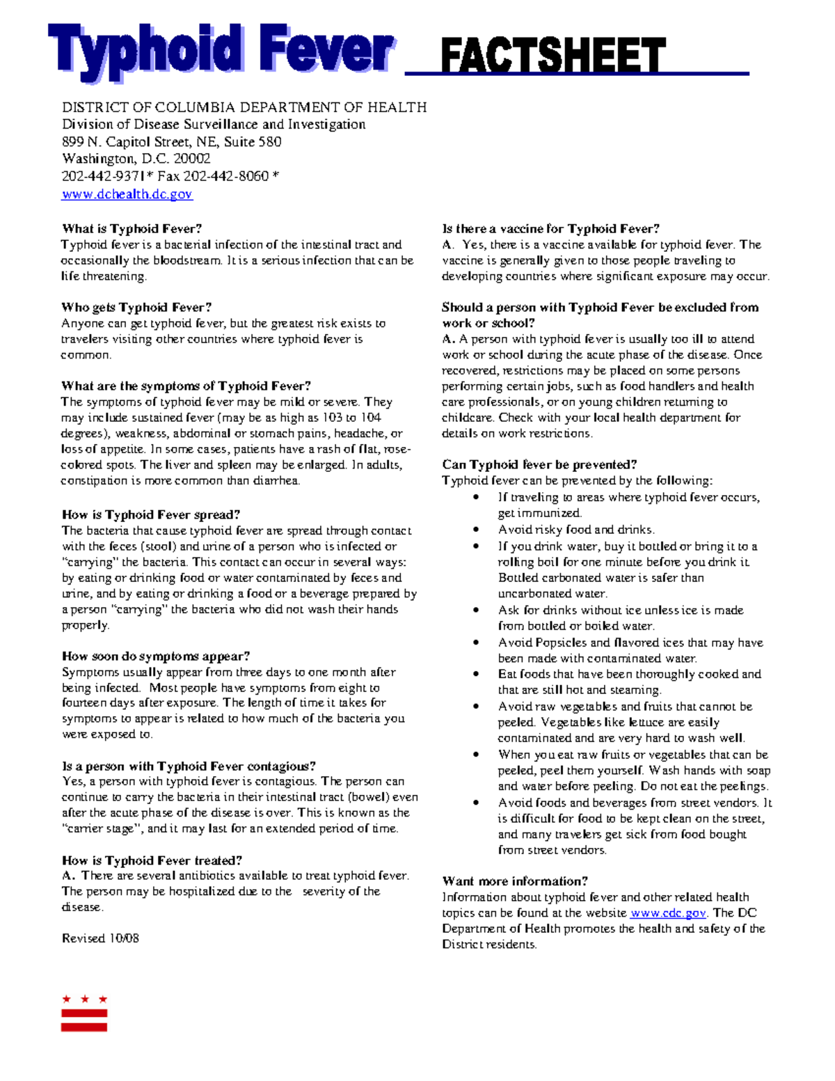 Typhoid Fever - DISTRICT OF COLUMBIA DEPARTMENT OF HEALTH Division of ...