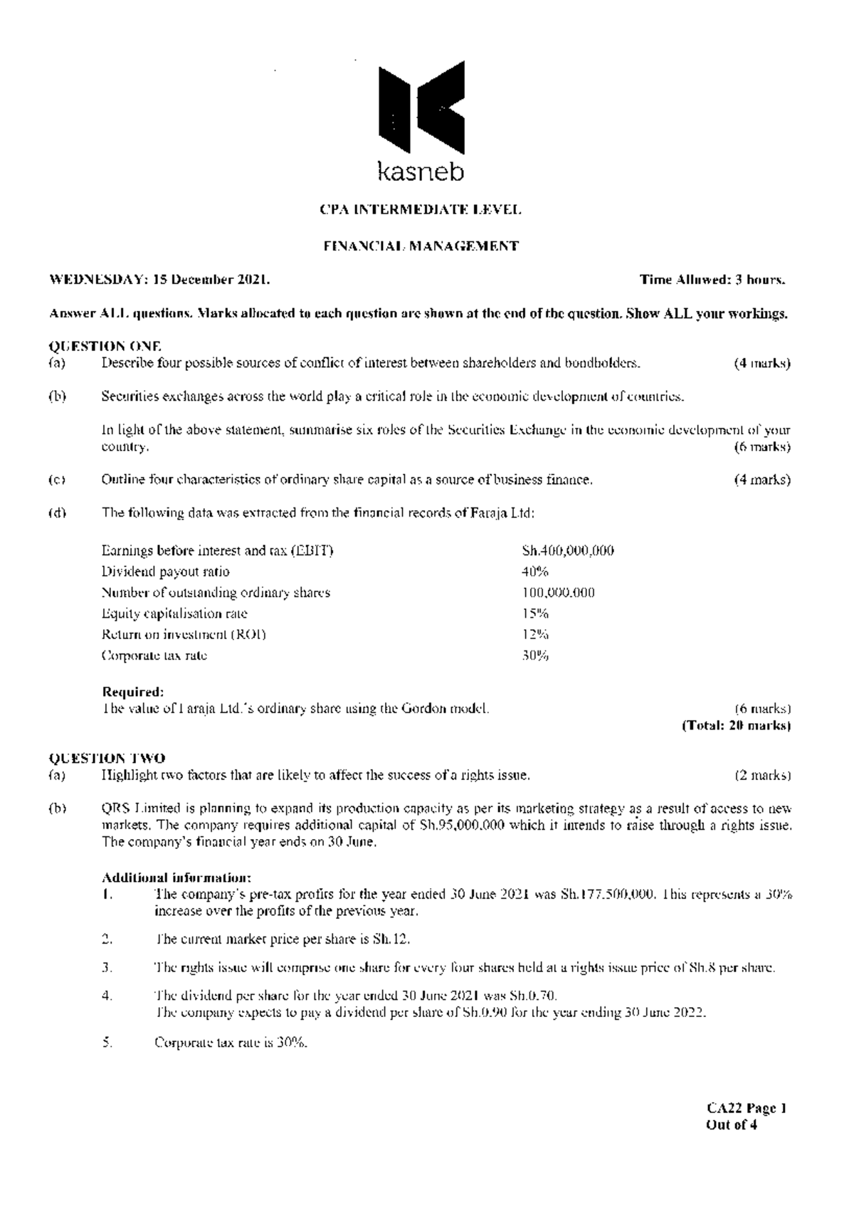 CA22 Financial Management - Studocu