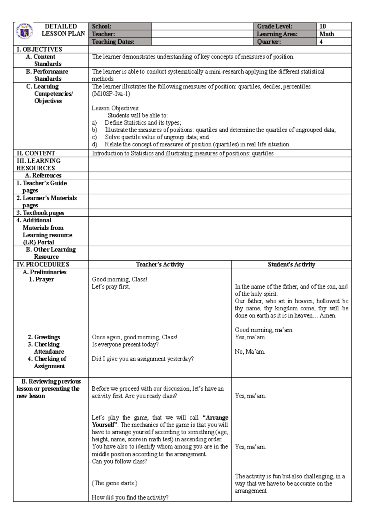 DLP- Statistics-G10 - Detailed Lesson Plan - DETAILED LESSON PLAN ...