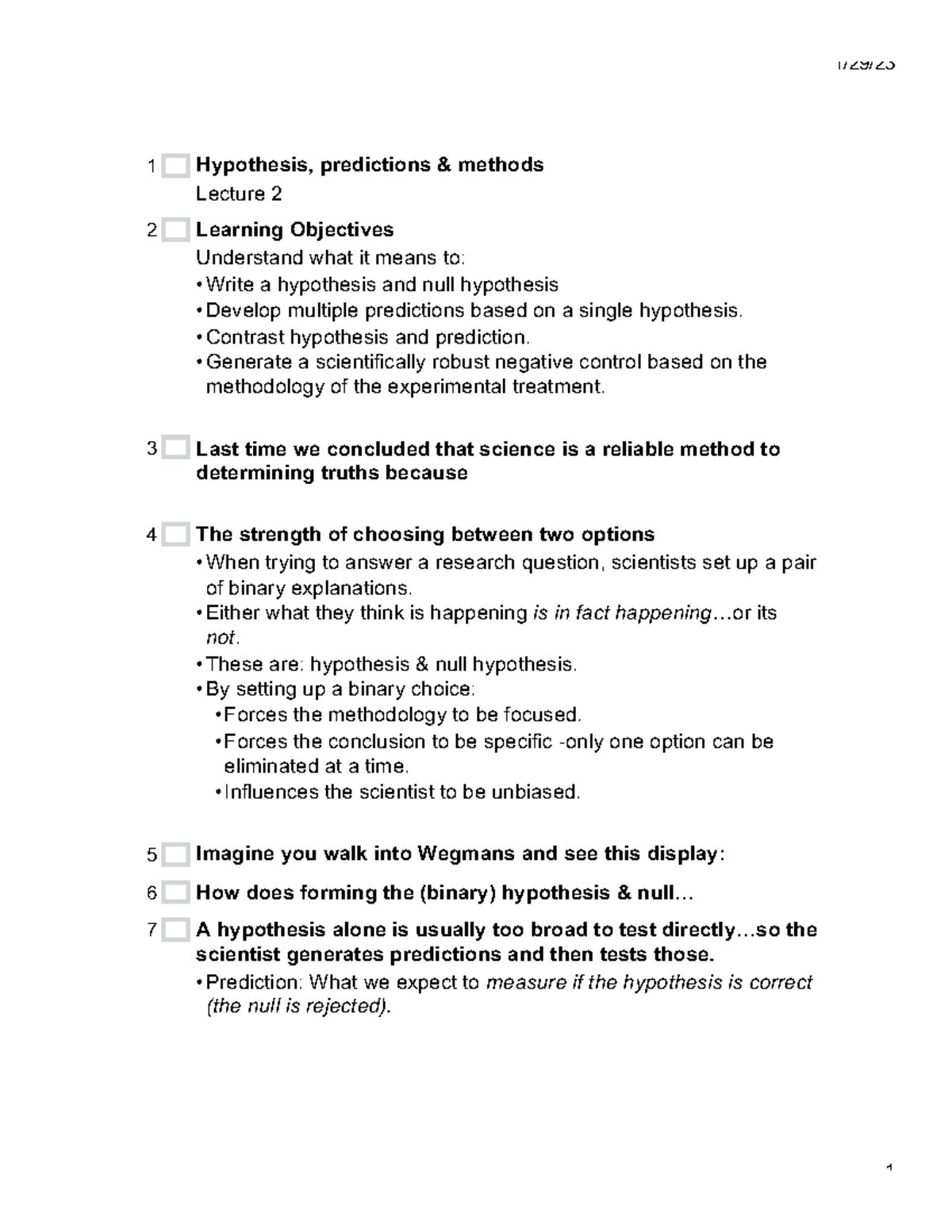 2``2 - Hypothesis, predictions, and methods Notes - 1/29/ 1 Hypothesis ...