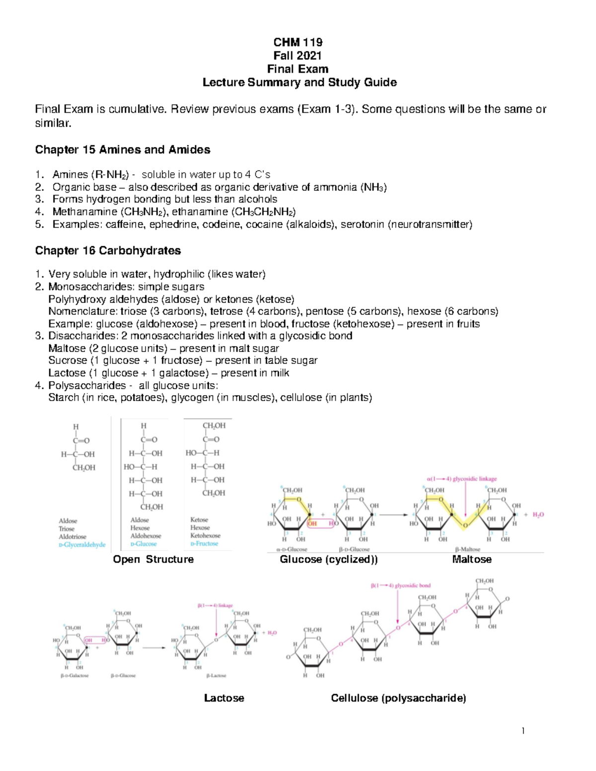 C119 Final Exam Lecture Summary F21 - CHM 119 Fall 2021 Final Exam ...