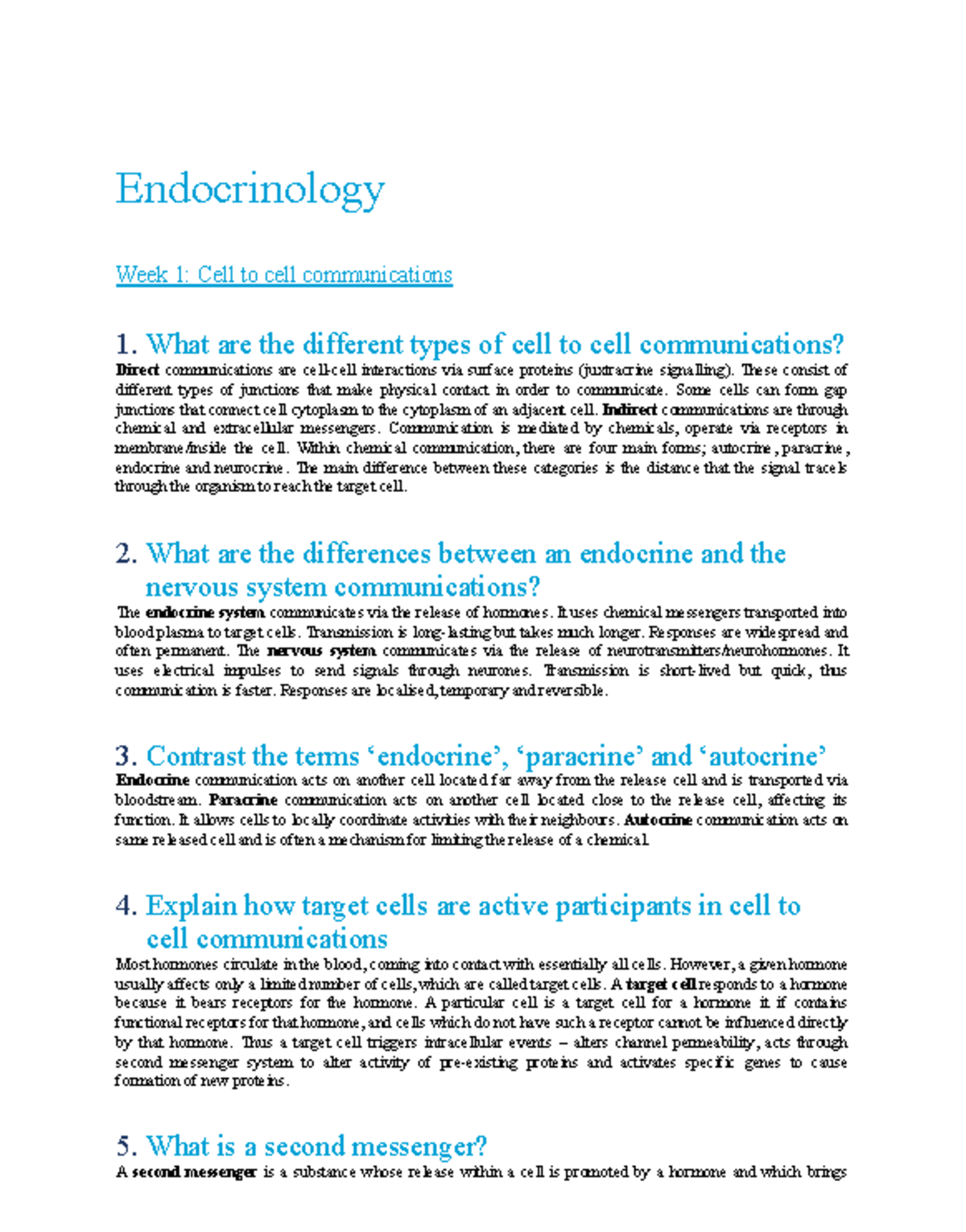 ENDO Notes - Endocrinology Week 1: Cell to cell communications 1. What ...