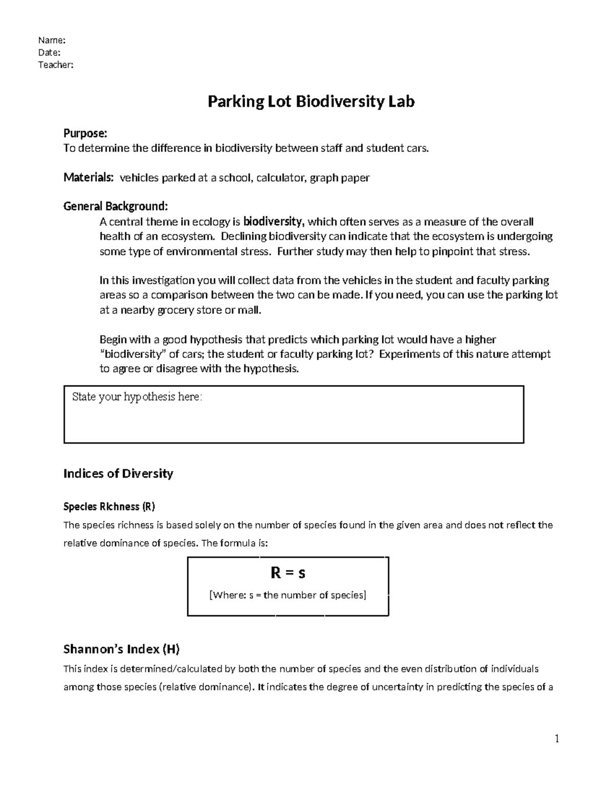 04-05-biodiversity lab - Name: Date: Teacher: Parking Lot Biodiversity ...
