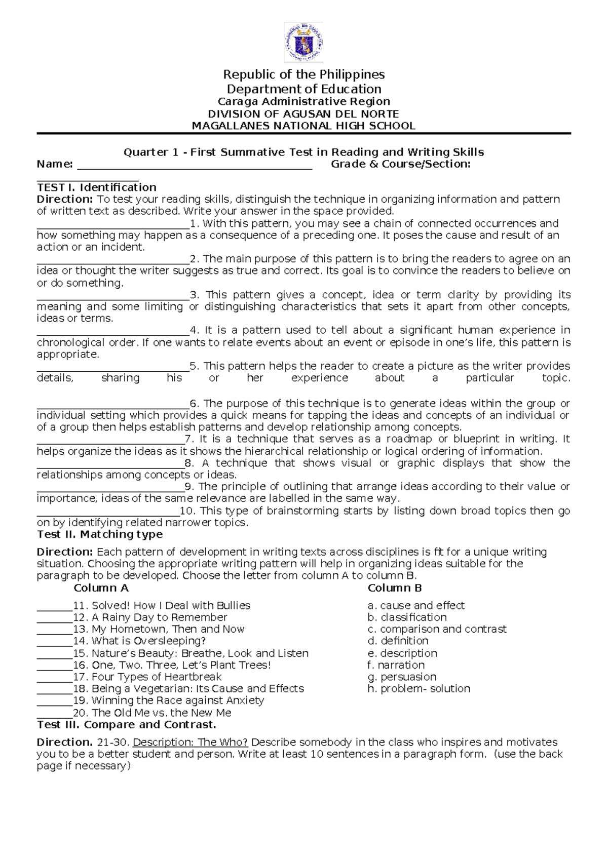 First Summative Test in Reading AND Writing - Identification Direction ...