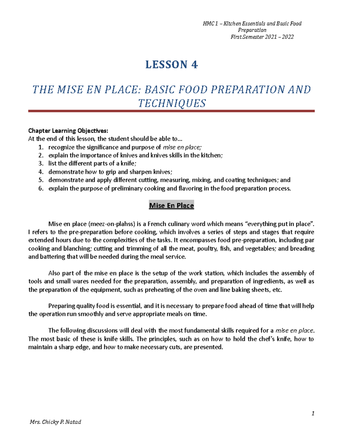 Lesson 4-The Mise en Place - Preparation First Semester 2021 – 2022 ...
