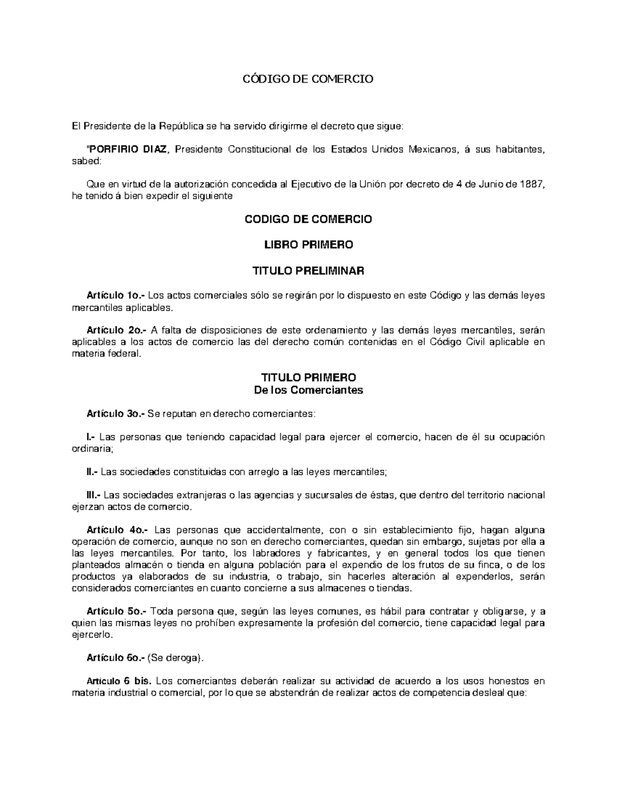 Codigo de comercio 1 - UN DIA - C”DIGO DE COMERCIO El Presidente de la República se ha servido ...