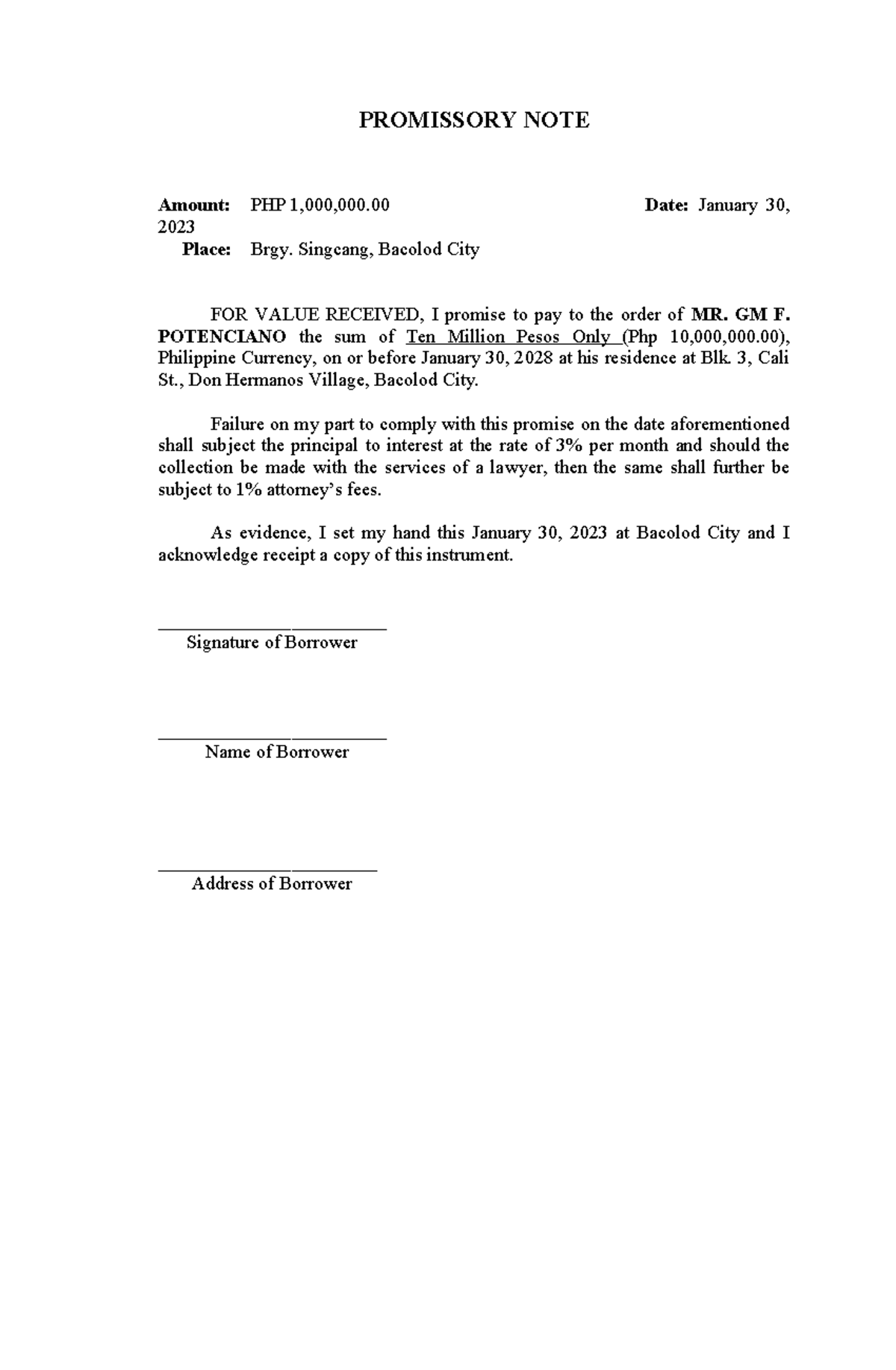 Promissory Note - PROMISSORY NOTE Amount: PHP 1,000,000 Date: January ...