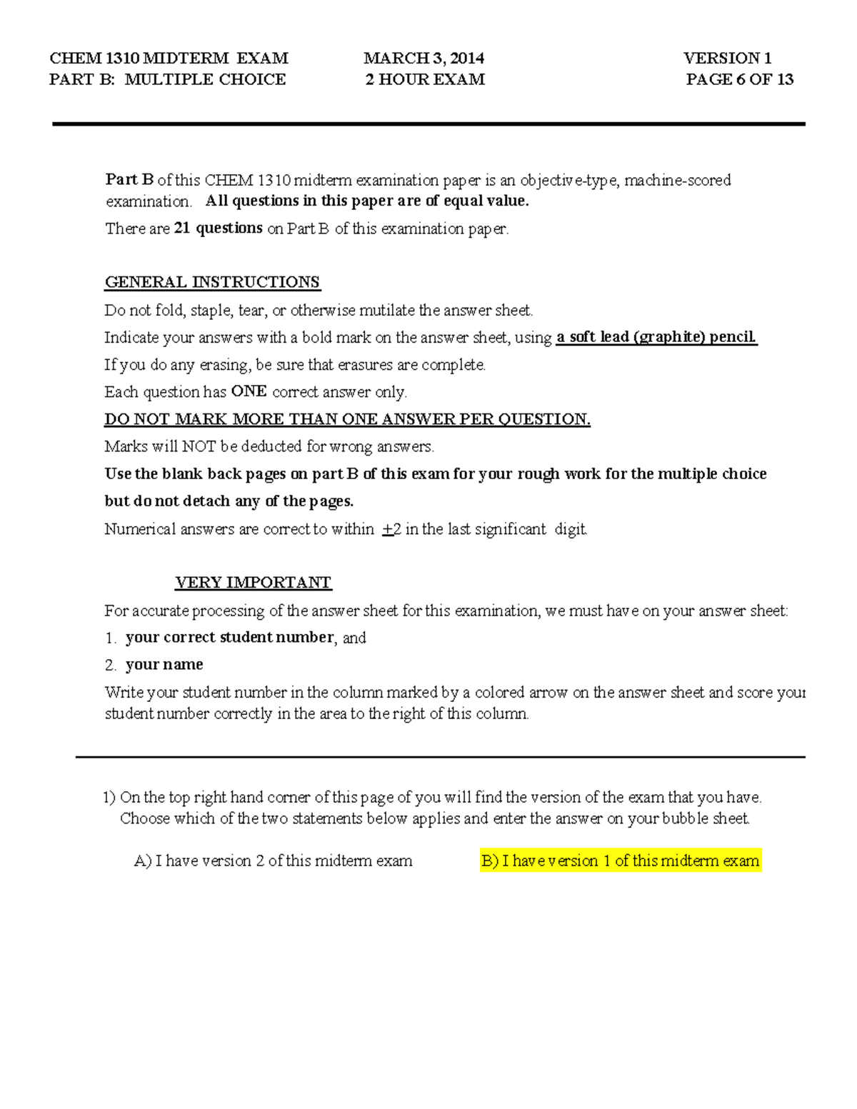 Midterm 2014, questions and answers - CHEM 1310 MIDTERM EXAM PART B: MULTIPLE CHOICE MARCH 3 ...