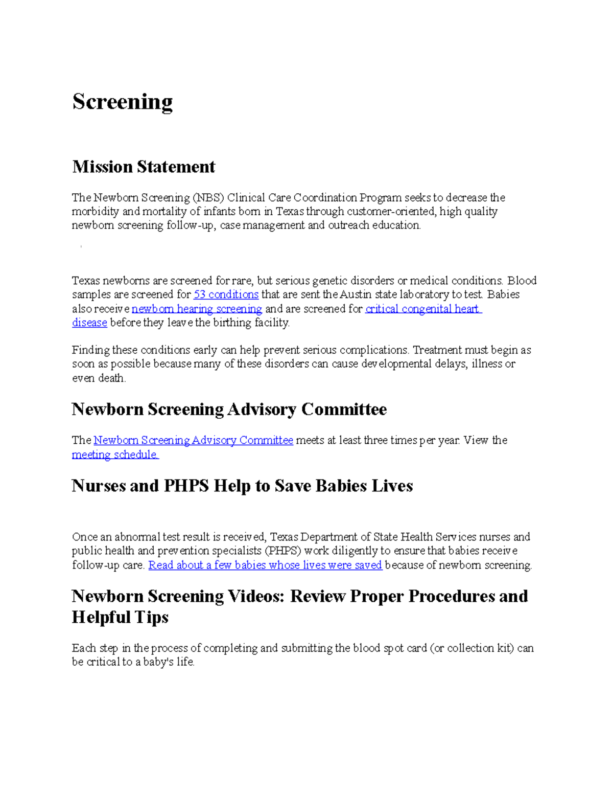 Texas Newborn Screening Doc - Screening Mission Statement The Newborn ...