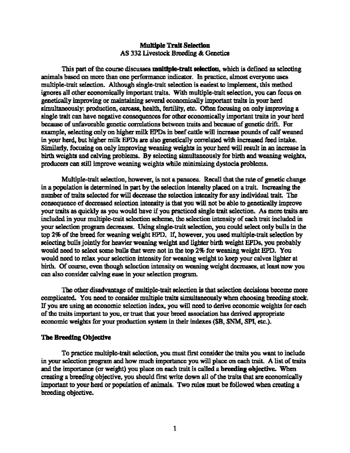 As 332 Multiple Trait Selection Notes Multiple Trait Selection As 332 Livestock Breeding