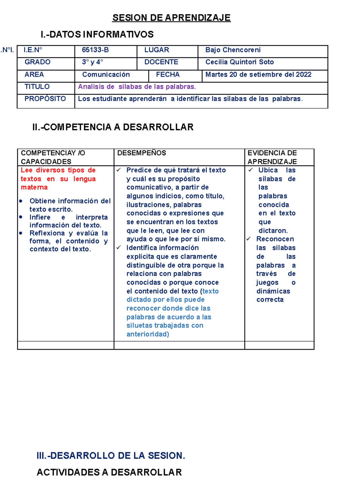 Cecilia Sesion 3 Analaisi DE Silabas DE LAS Palabras - SESION DE APRENDIZAJE I.-DATOS ...